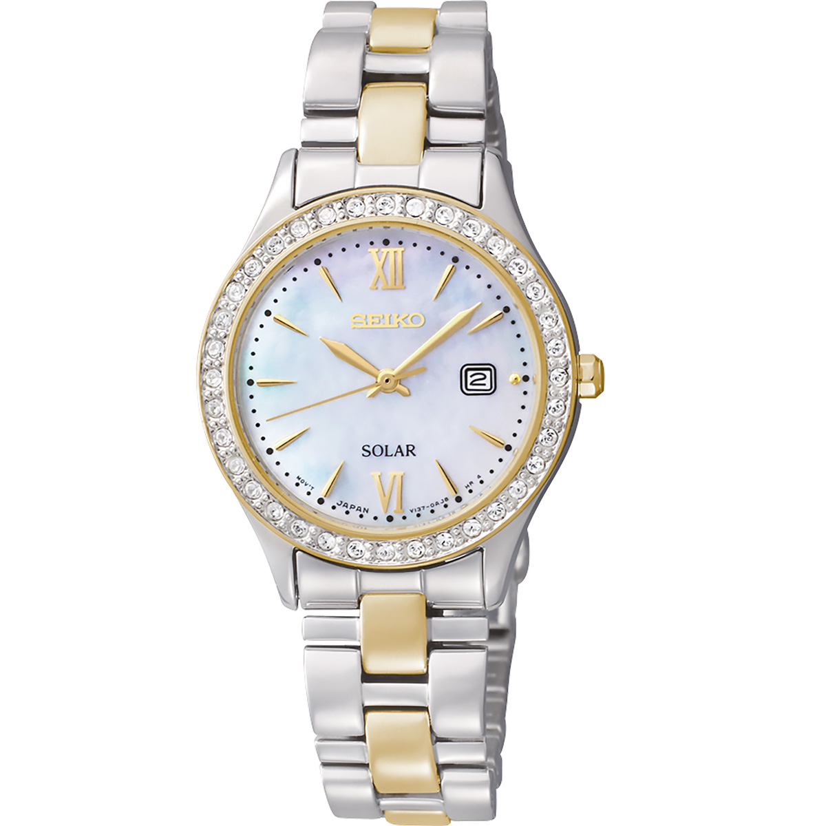 Seiko Essentials 28mm Two Tone Watch Mother Of Pearl And Crystal Dial