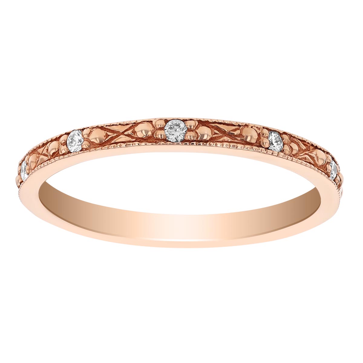 Round Diamond & Engraved Milgrain Pattern Wedding Band in Rose Gold, 0. ...