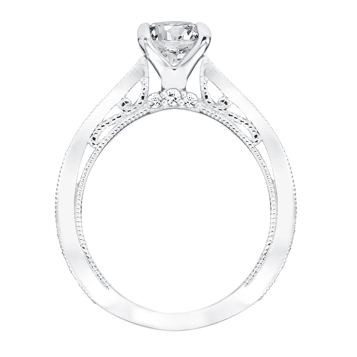 Ring Setting with Tapered Diamond Shank & Milgrain Edge in White Gold ...