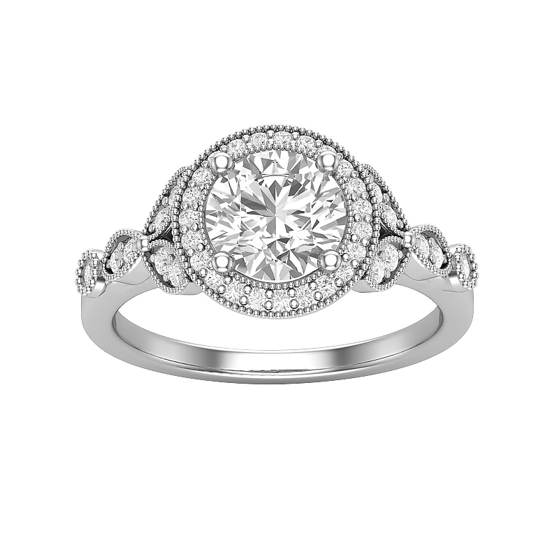 Diamond Milgrain Halo Ring Setting with Leaf Pattern Shank in White ...