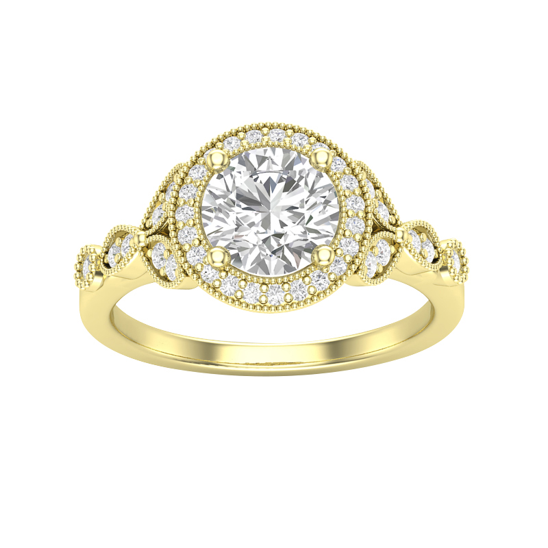 Diamond Milgrain Halo Ring Setting with Leaf Pattern Shank in Yellow ...