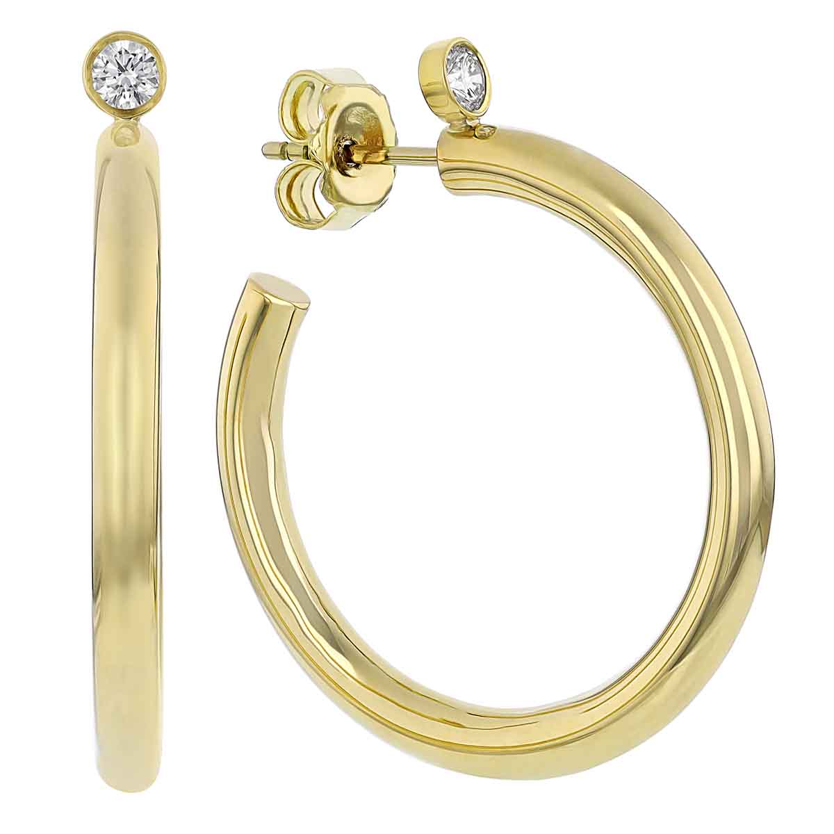 Yellow Gold Open Tube Hoop Earrings with Bezel Set Diamond Accents ...