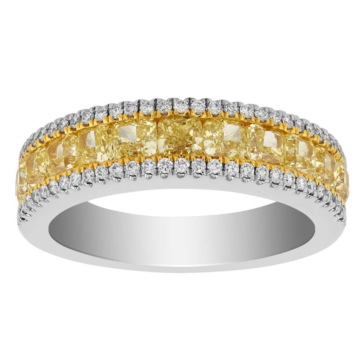 Cushion Yellow Diamond & Round White Diamond 3 Row Ring in White ...