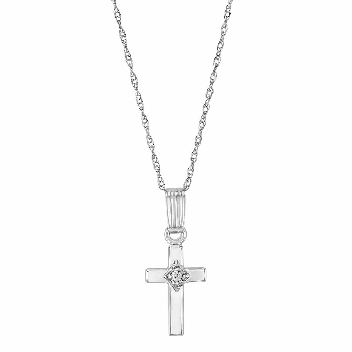 Diamond Center Square Edge Cross Pendant in White Gold, 15" | Borsheims