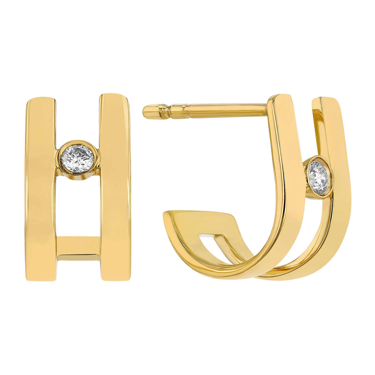Bezel Set Diamond Double Huggie Hoop Earrings in Yellow Gold | Borsheims