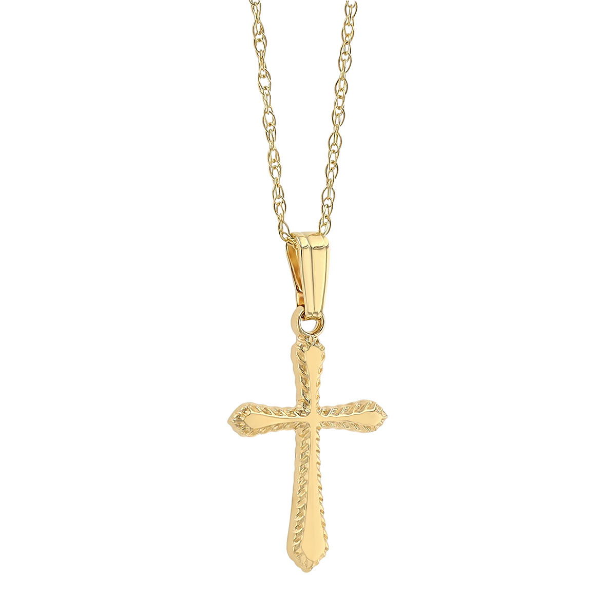 Children's Yellow Gold Thin Pointed Cross Pendant with Textured Edge ...