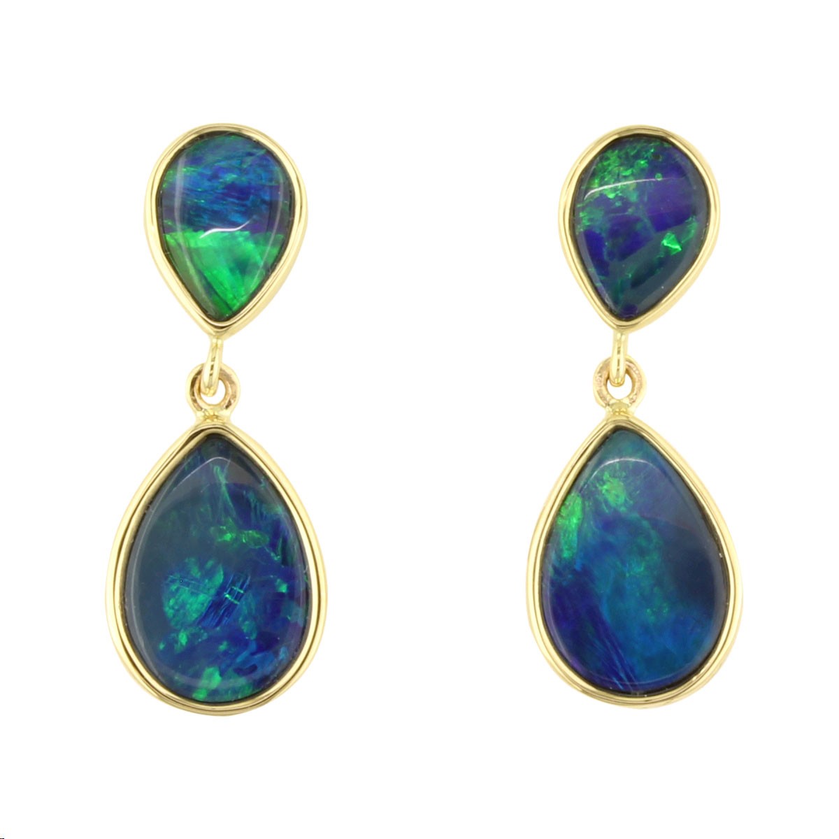 Pear Shaped Opal Doublet Double Drop Post Earrings in Yellow Gold ...