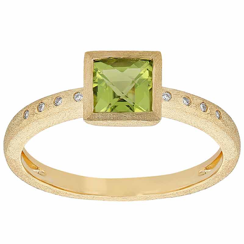 Square Peridot Bezel Set Ring in Satin Yellow Gold with Diamond Sides ...