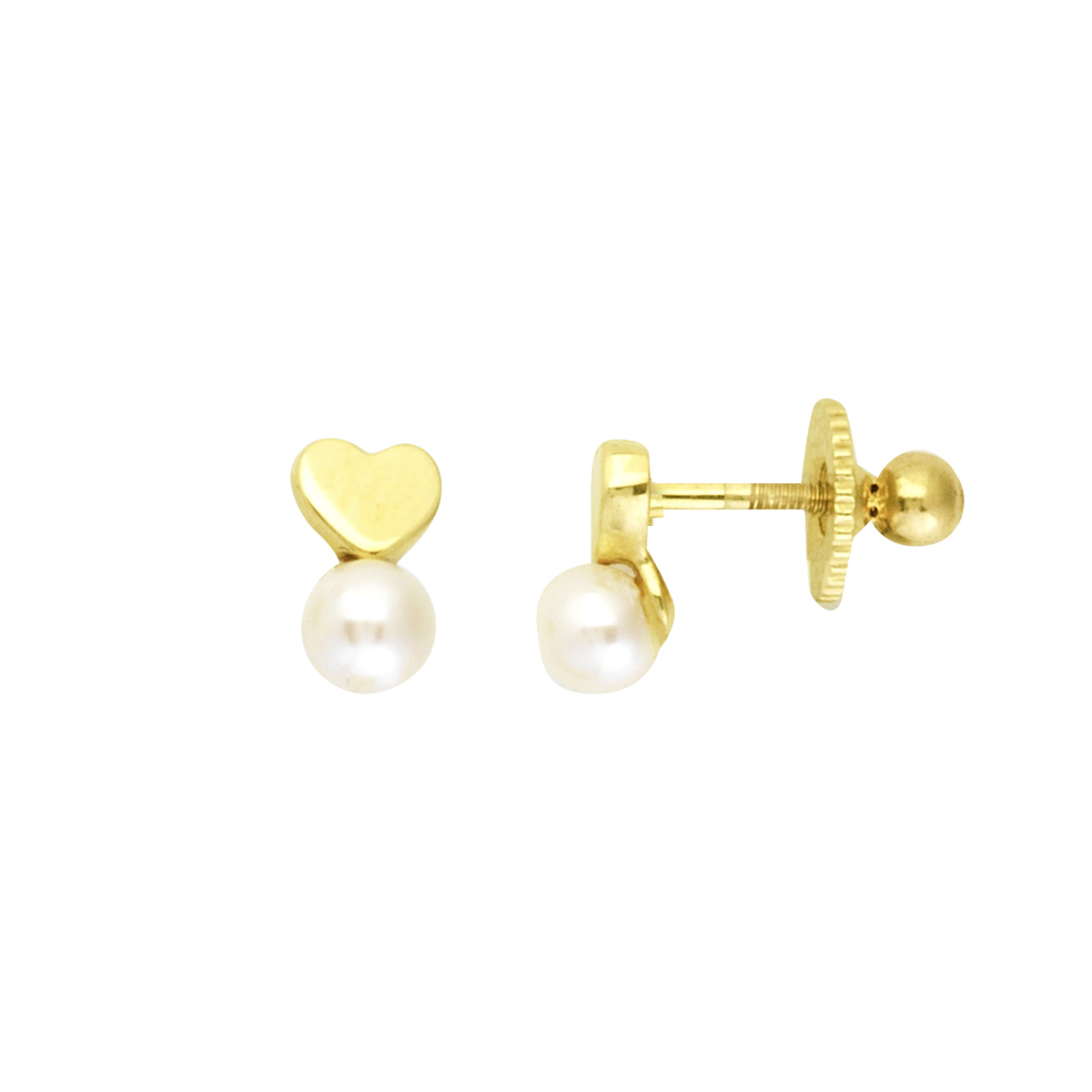 Children's White Cultured Pearl & Yellow Gold Heart Scew Back Post ...