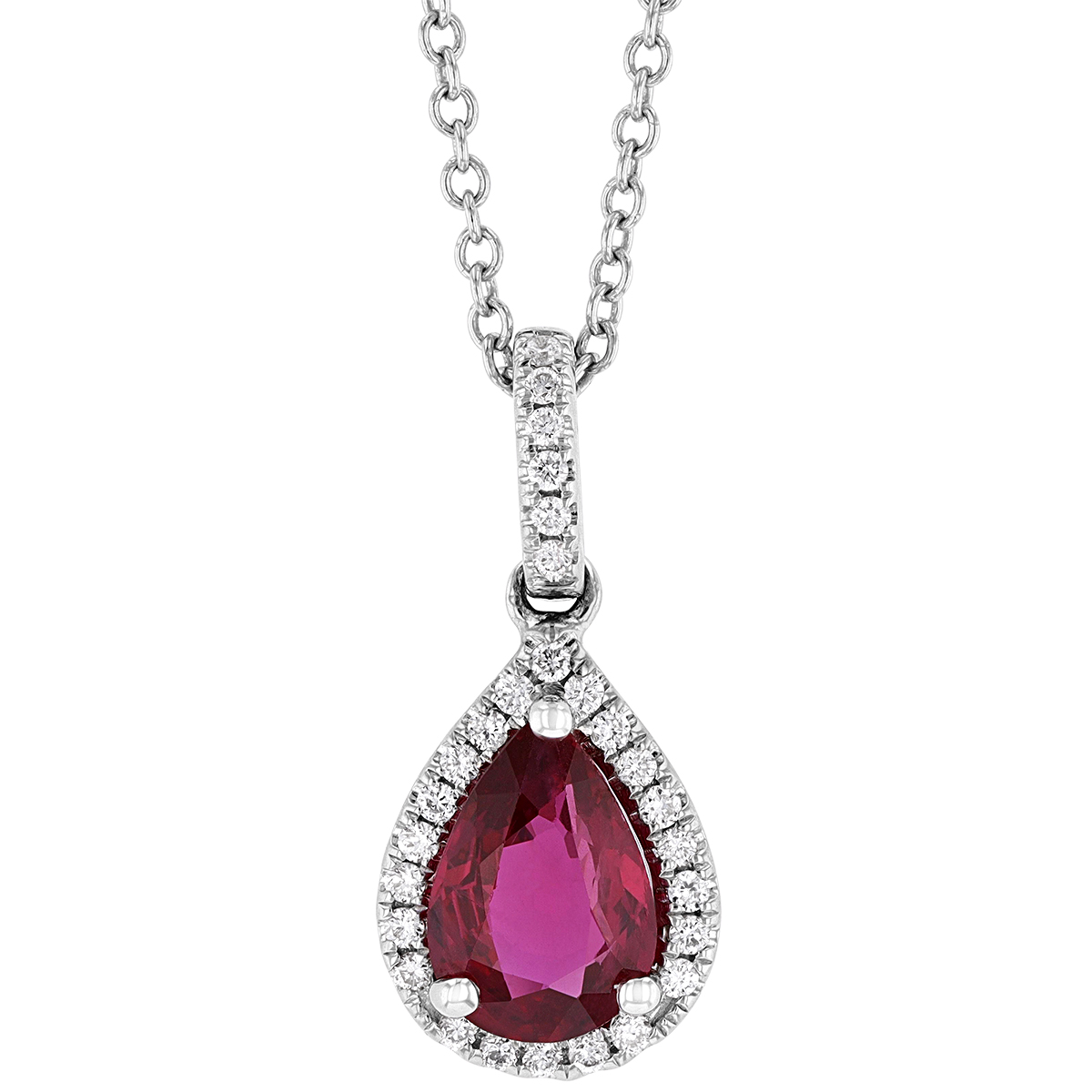 Pear Shaped Ruby & Diamond Halo Pendant in White Gold, .69 ct | Borsheims
