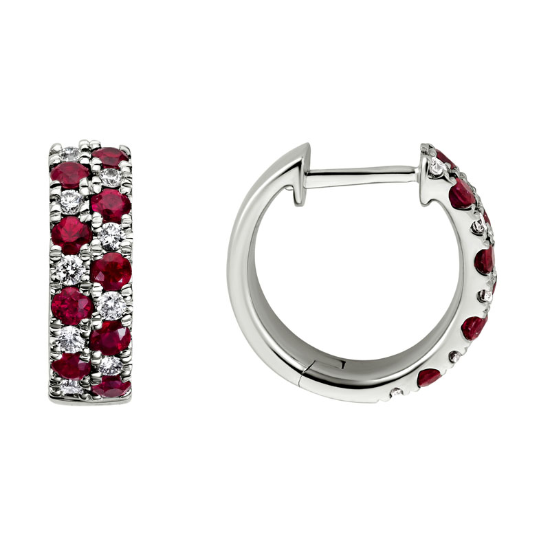 Ruby & Diamond 2 Row Huggie Hoop Earrings in White Gold | Borsheims