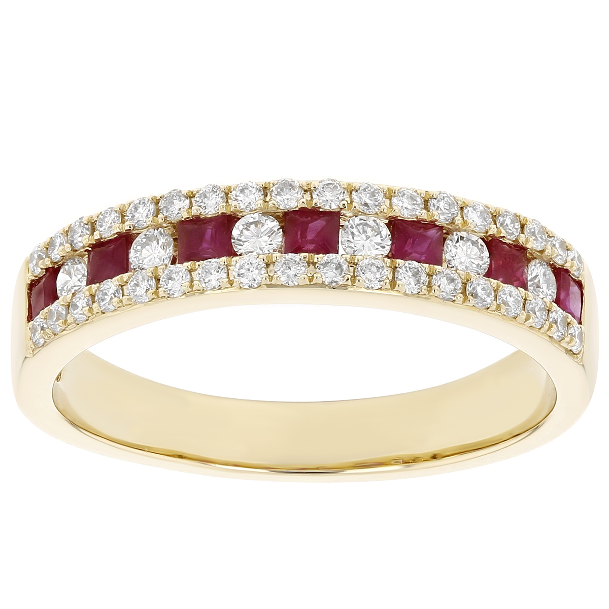 14K Yellow Gold Princess Cut Ruby & Diamond 3 Row Band | Borsheims