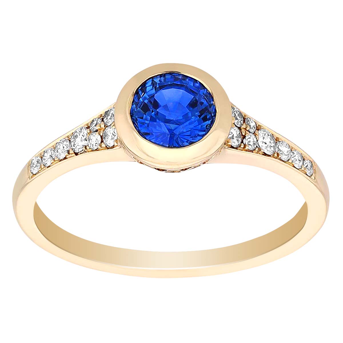 Round Sapphire Bezel Set Ring With Diamond Pavé Tapered Sides In Yellow