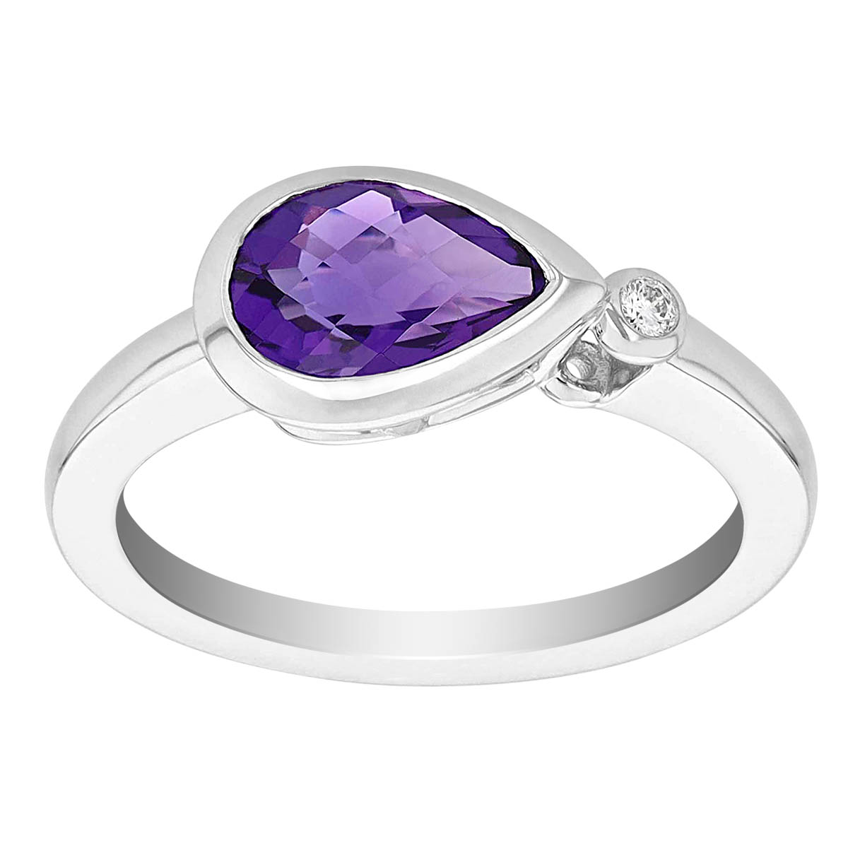 Pear Shaped Amethyst & Single Diamond Bezel Set Asymmetrical Ring in ...
