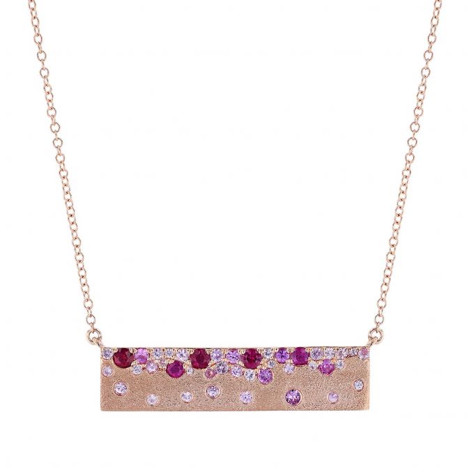 Ruby & Pink Sapphire Flush Set Scatter Bar Necklace in Matte Rose Gold ...