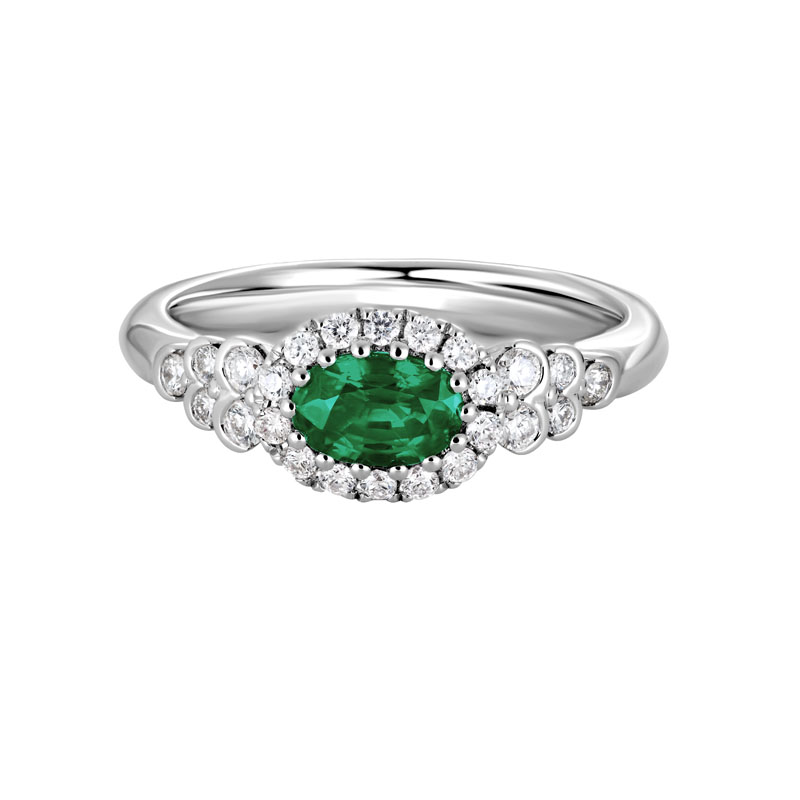 Oval Emerald Diamond Halo & Cluster Side Stone Ring in White Gold ...