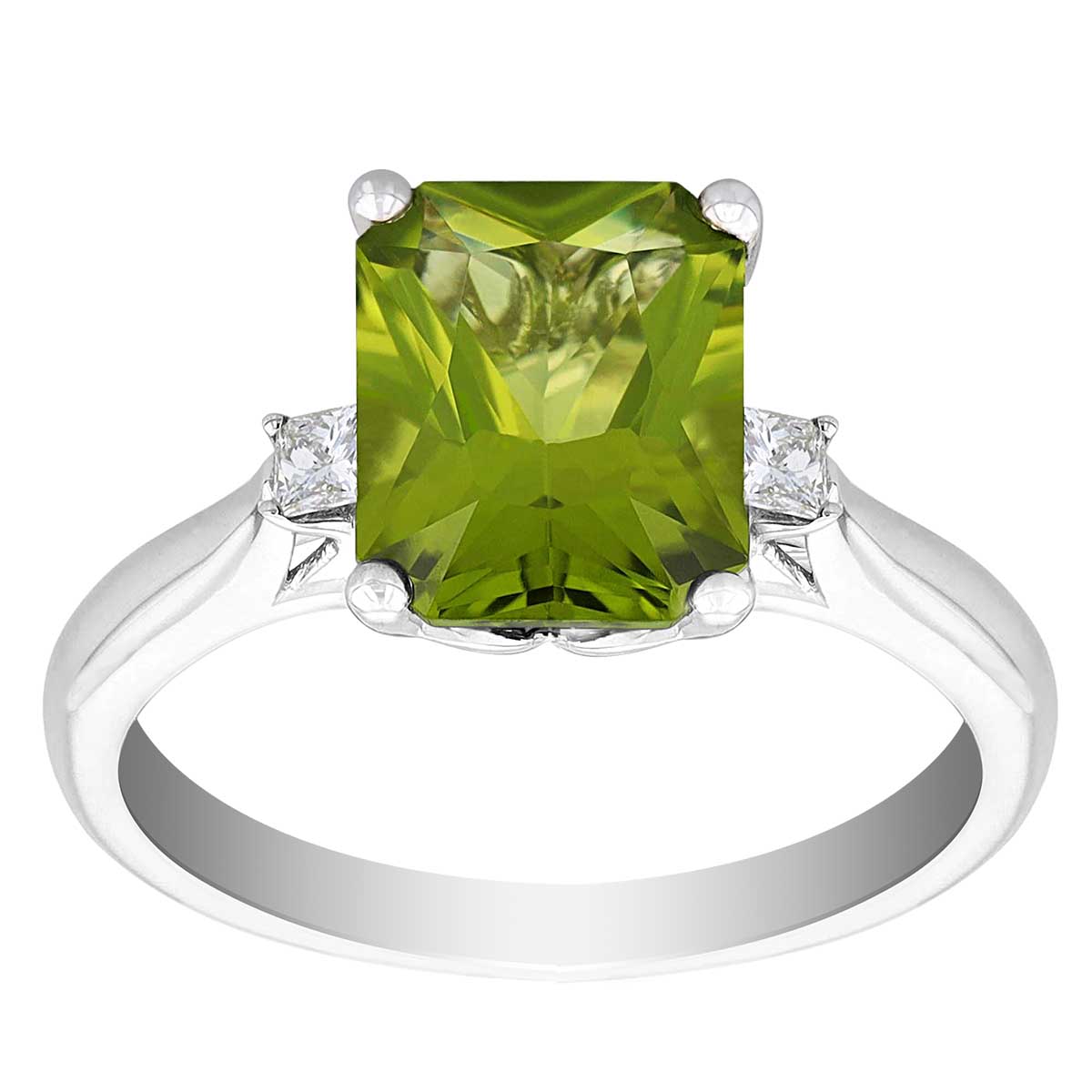 Emerald Cut Peridot & Diamond 3 Stone Ring in White Gold | Borsheims