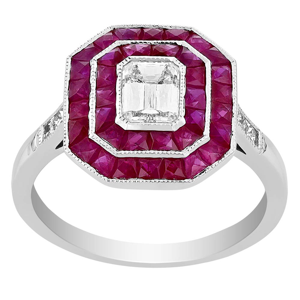 Diamond & Ruby Double Frame Octagon Ring in White Gold with Diamond ...
