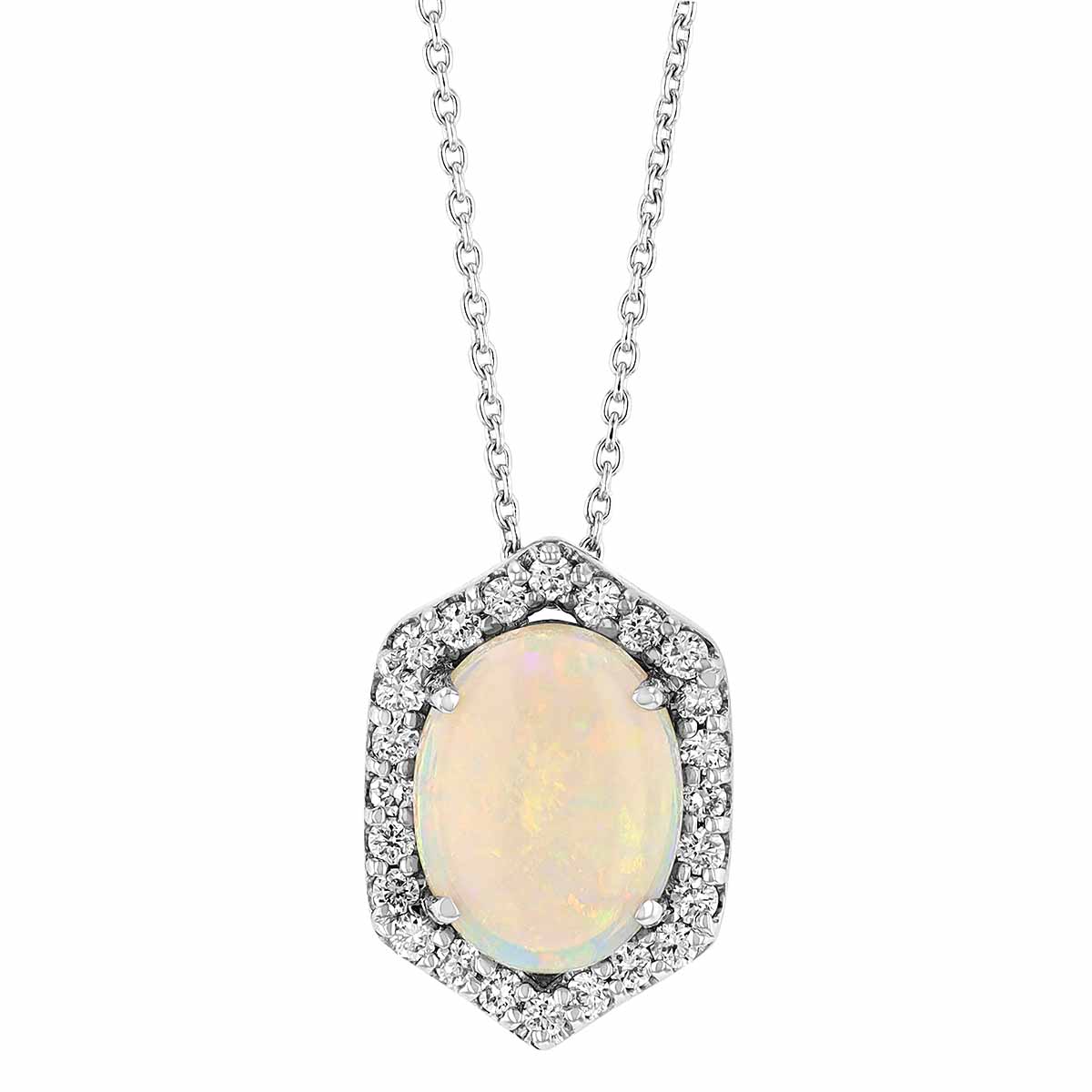 Oval Cabochon Opal & Diamond Hexagon Halo Pendant in White Gold | Borsheims