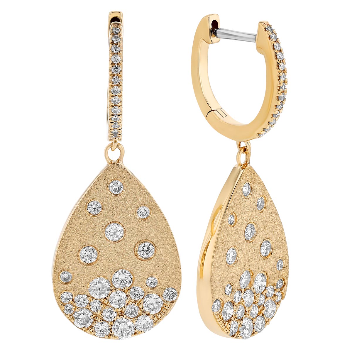 Diamond Flush Set Scatter Hoop Teardrop Dangle Earrings in Yellow Gold ...