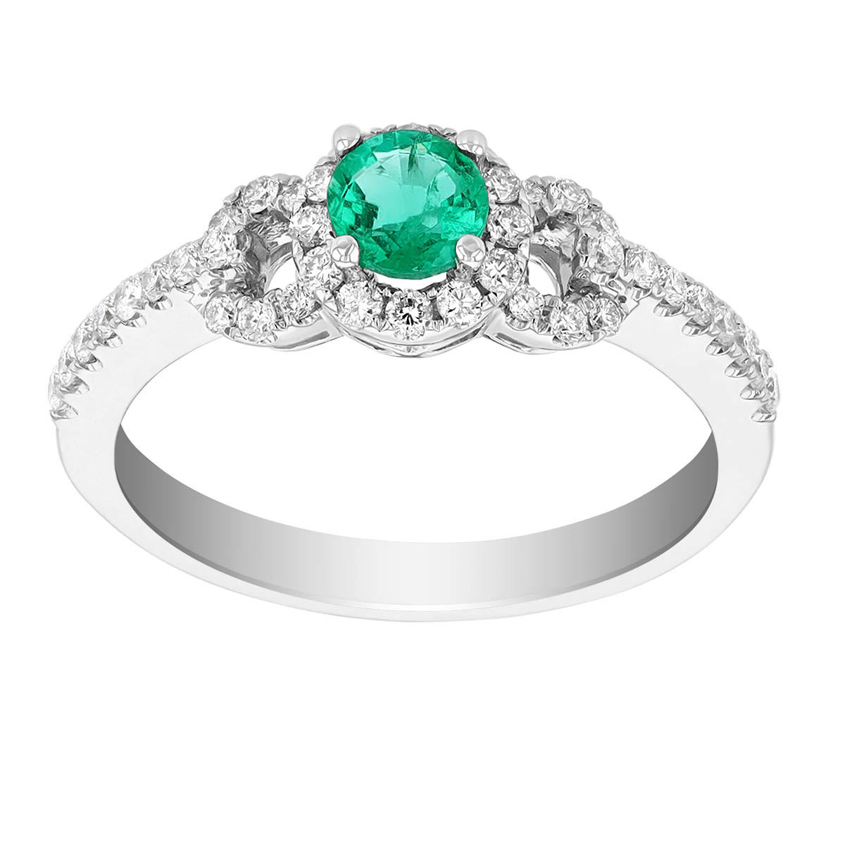 Round Emerald & Diamond Halo Side Circle Ring in White Gold | Borsheims