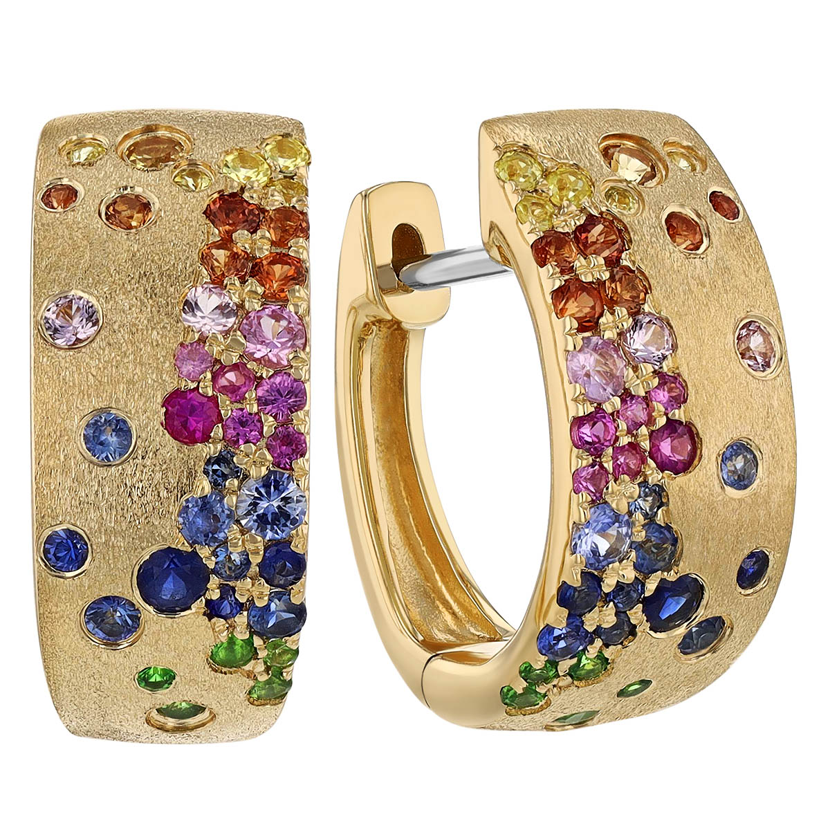 Multicolored Sapphire & Tsavorite Flush Set Scatter Huggie Hoop ...