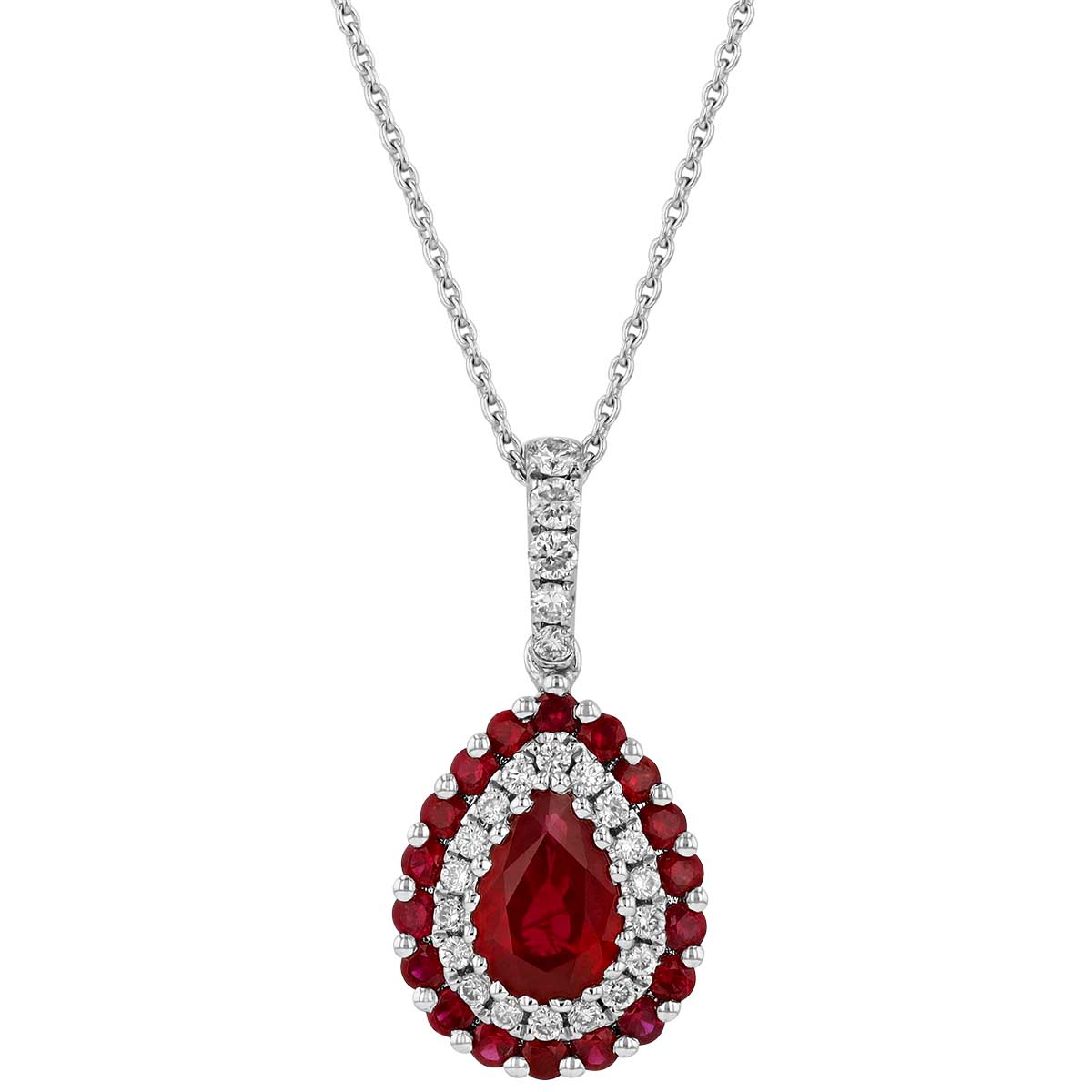 Pear Shaped Ruby with Diamond & Ruby Halo Pendant in White Gold | Borsheims