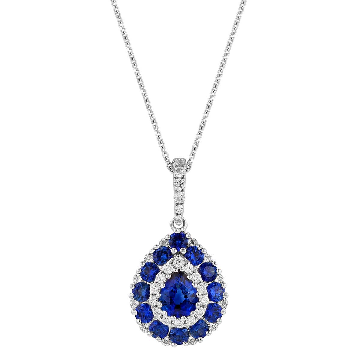 Pear Shaped Sapphire with Diamond & Sapphire Halo Pendant in White Gold ...