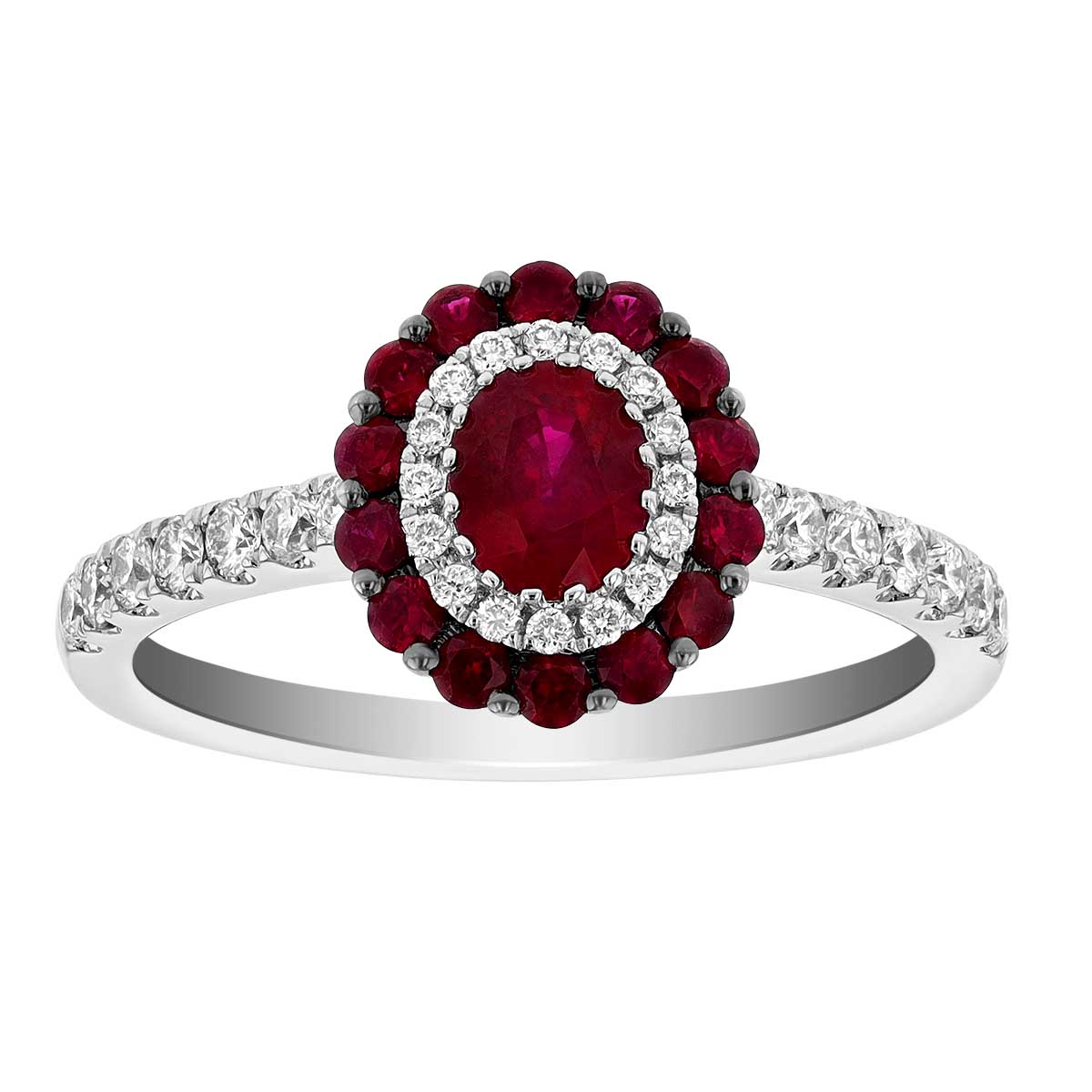 Oval Ruby with Diamond & Ruby Halo Ring in White Gold | Borsheims