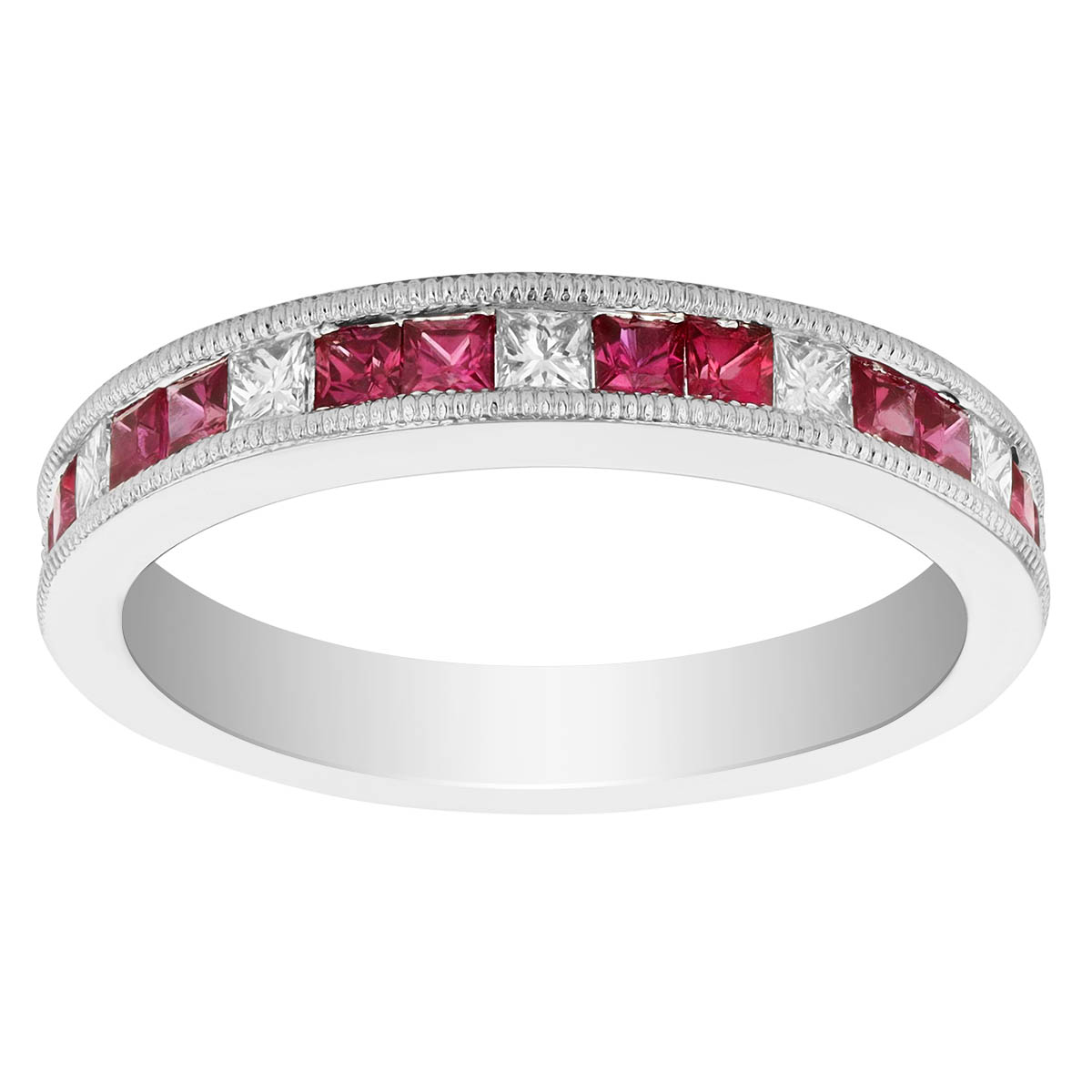 Princess Cut Ruby & Diamond Milgrain Pattern Ring in White Gold | Borsheims
