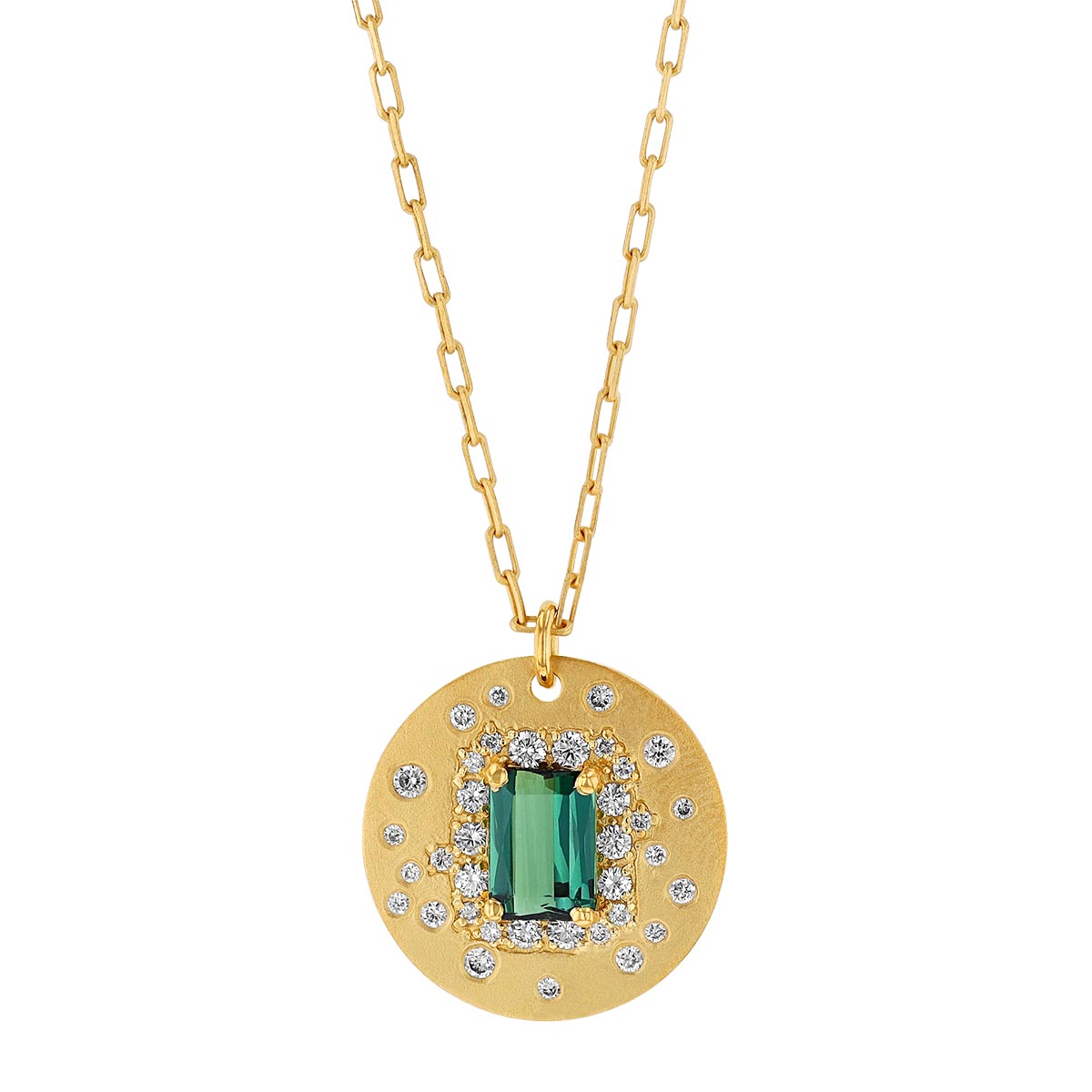 Marika Emerald Cut Tourmaline & Flush Set Diamond Disc Pendant in ...