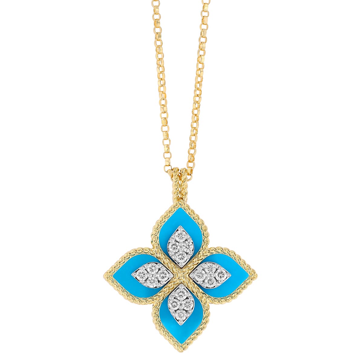 Roberto Coin Princess Flower Turquoise & Diamond Pendant in Yellow Gold ...