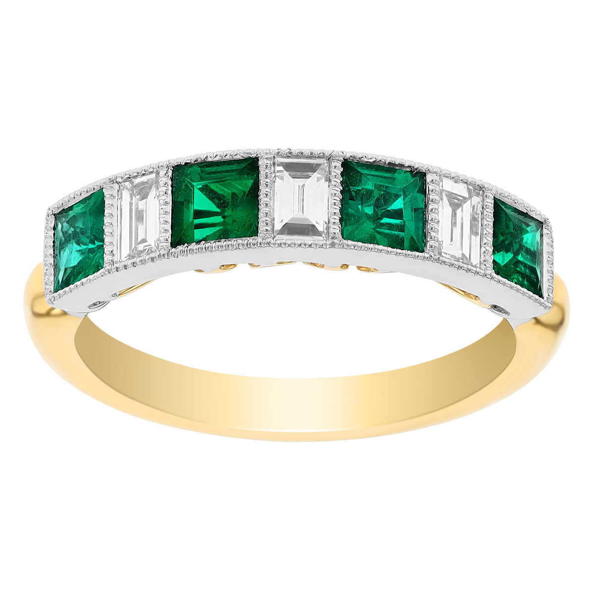 Princess Cut Emerald & Emerald Cut Diamond Band Ring in White & Yellow ...