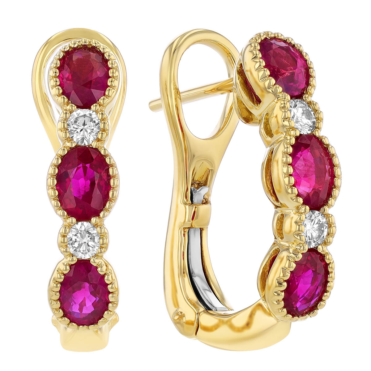 Oval Ruby & Round Diamond Milgrain Pattern J-Hoop Earrings in Yellow Gold | Borsheims