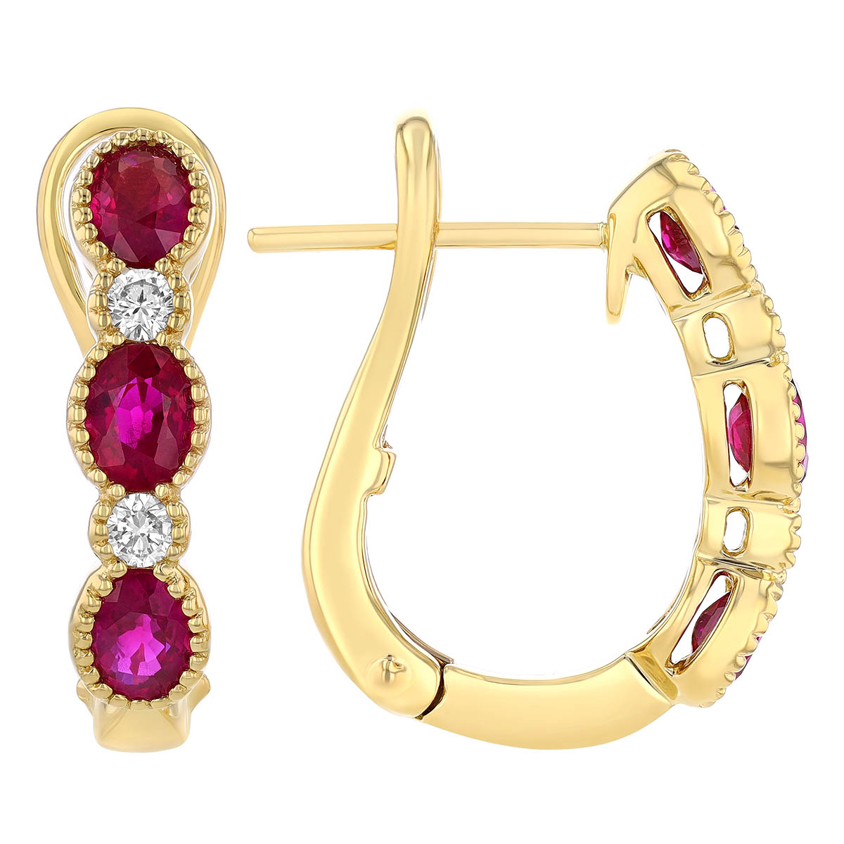 Oval Ruby & Round Diamond Milgrain Pattern J-Hoop Earrings in Yellow ...