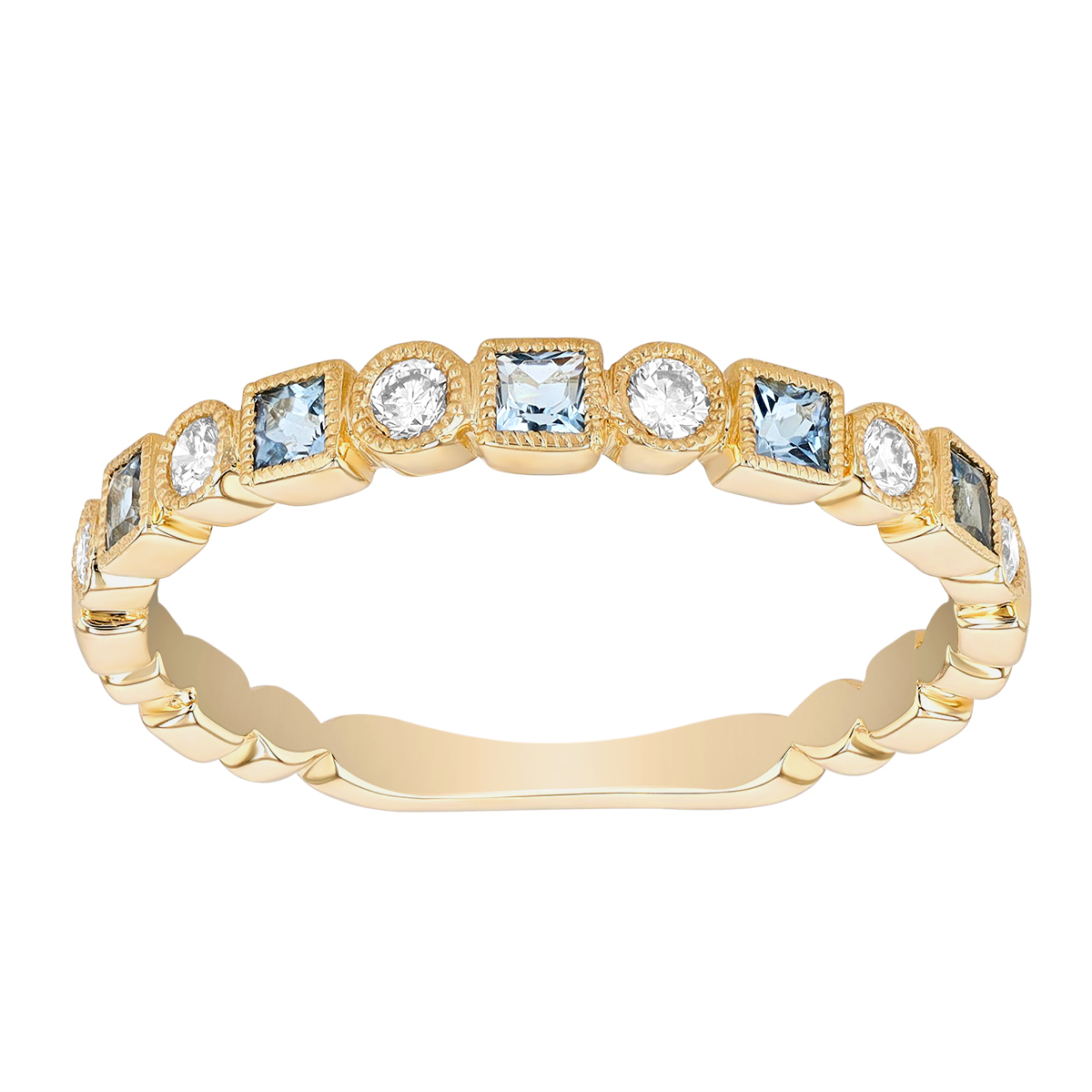 Princess Cut Aquamarine & Diamond Geometric Pattern Ring in Yellow Gold ...