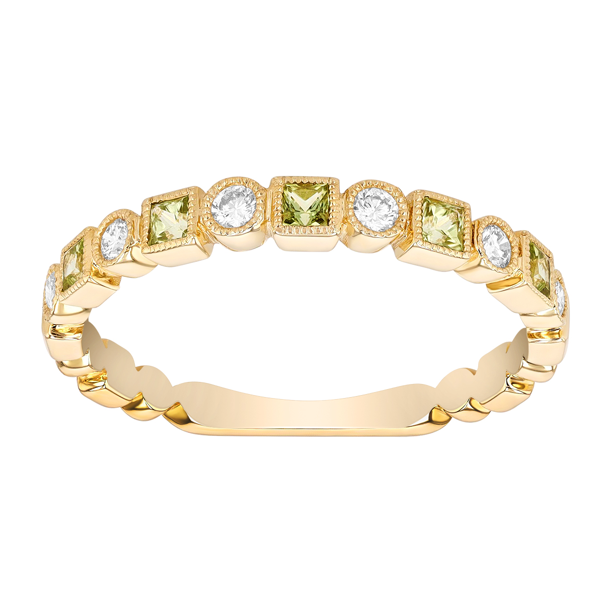 Princess Cut Peridot & Diamond Geometric Pattern Ring in Yellow Gold ...