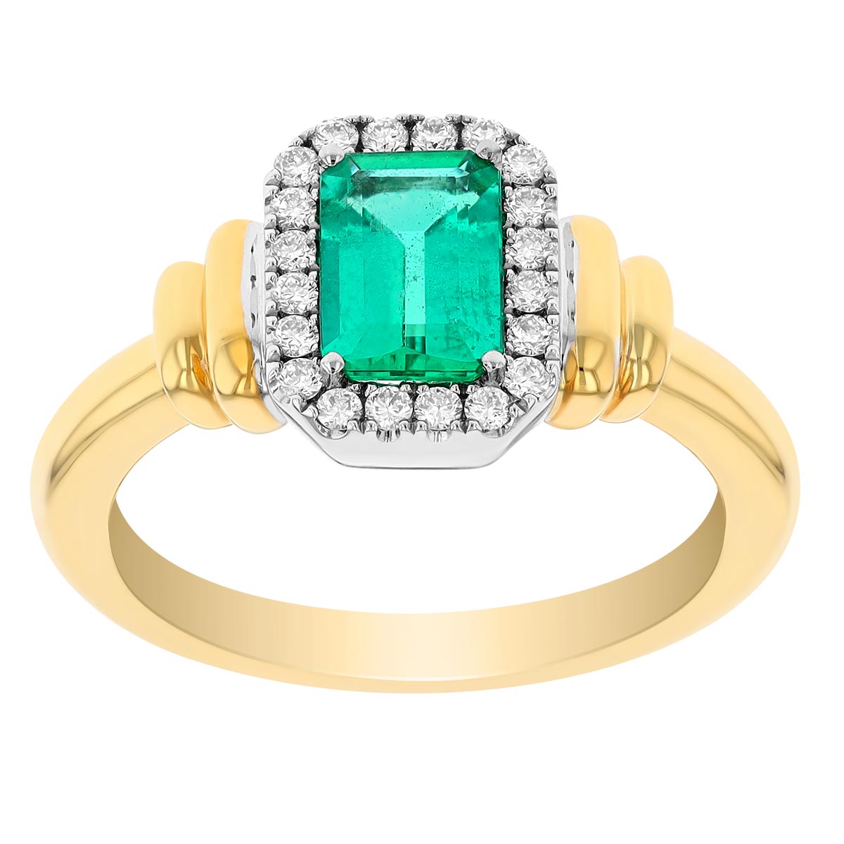 Emerald Cut Emerald & Diamond Halo Side Step Ring in Two Tone | Borsheims