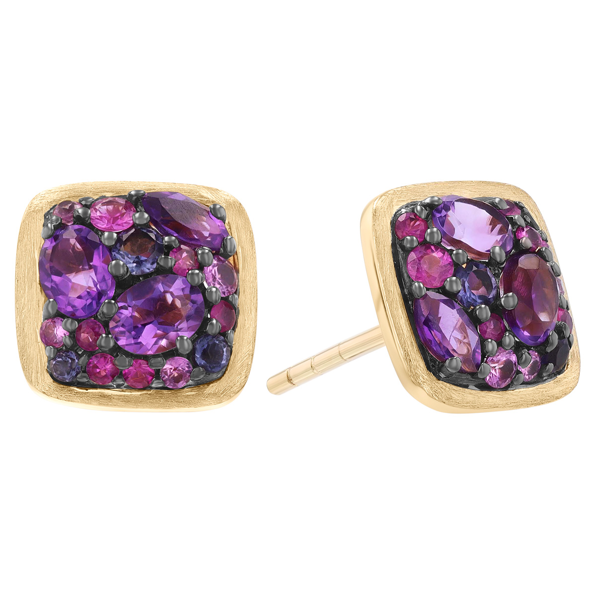 Mixed Gemstone Pavé Cluster Square Stud Earrings in Yellow Gold | Borsheims