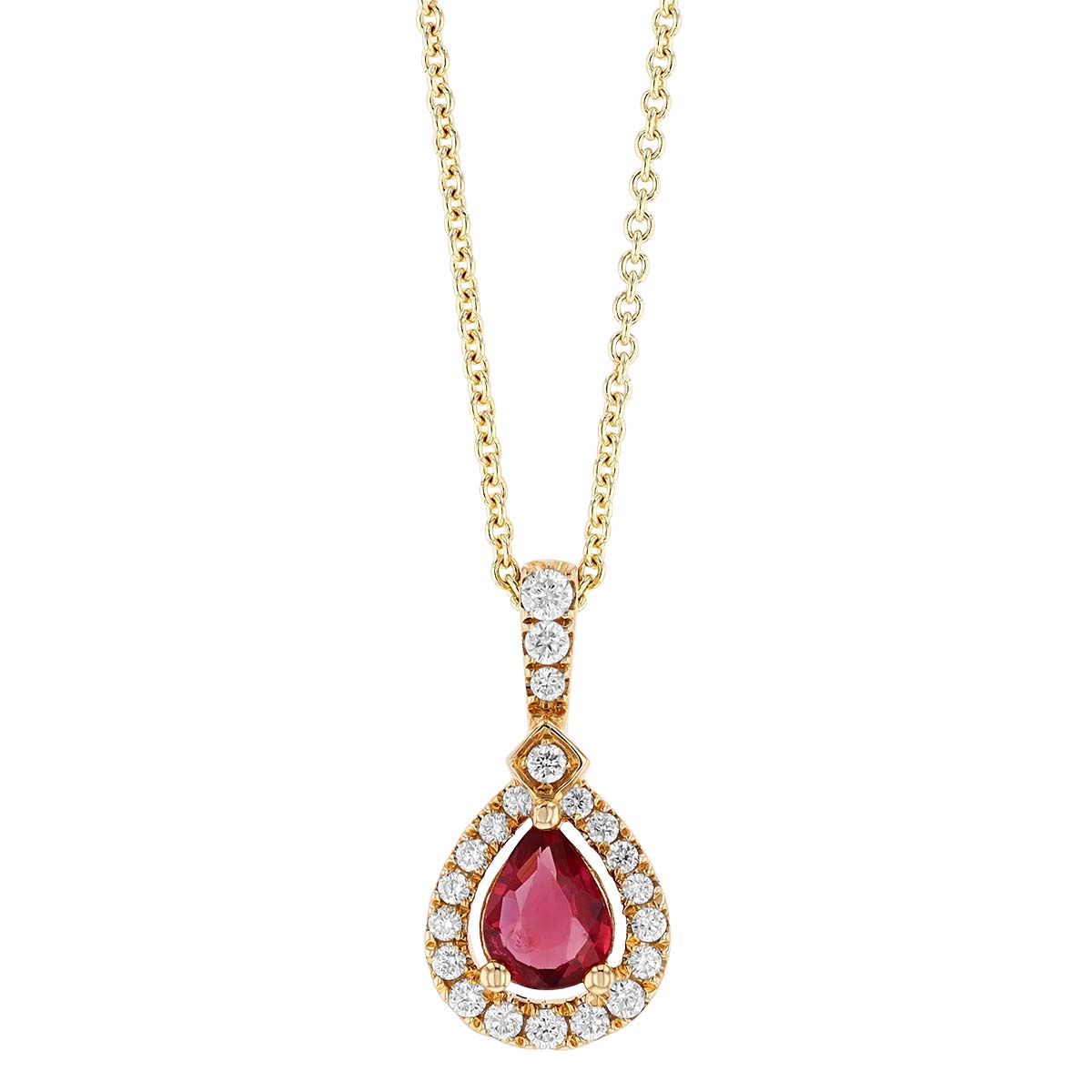 Pear Shape Ruby & Diamond Halo Pendant in Yellow Gold, 18" | Borsheims