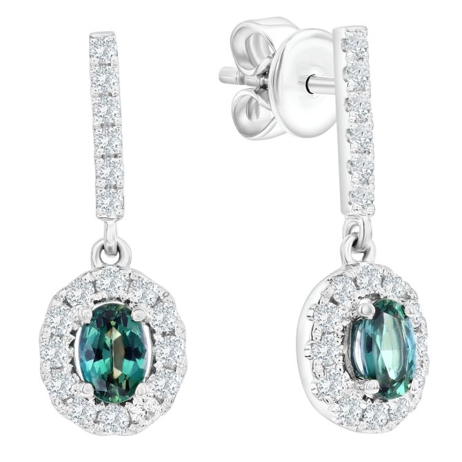 Oval Alexandrite & Diamond Halo Dangle Earrings in White Gold | Borsheims