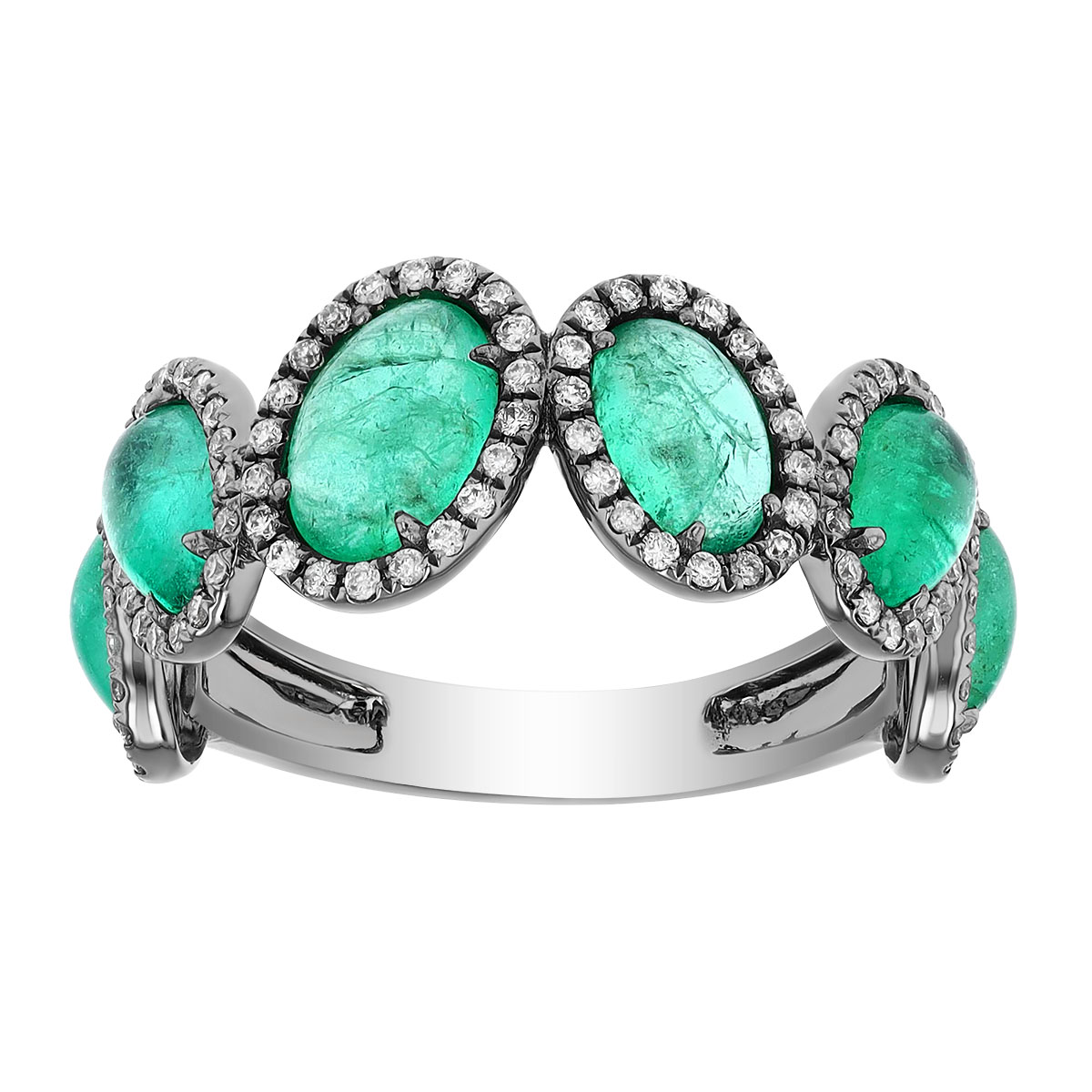 Oval Emerald Cabochon & Diamond Halo 6 Stone Tilt Ring in White Gold ...