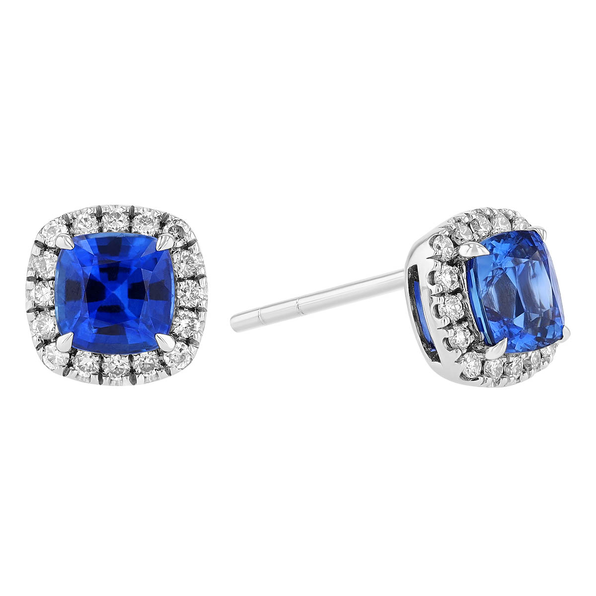 Cushion Cut Sapphire & Diamond Halo Stud Earrings in White Gold | Borsheims