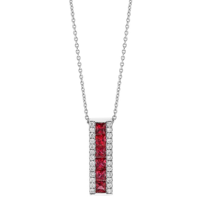 Princess Cut Ruby & Diamond 3 Row Vertical Bar Pendant in White Gold ...