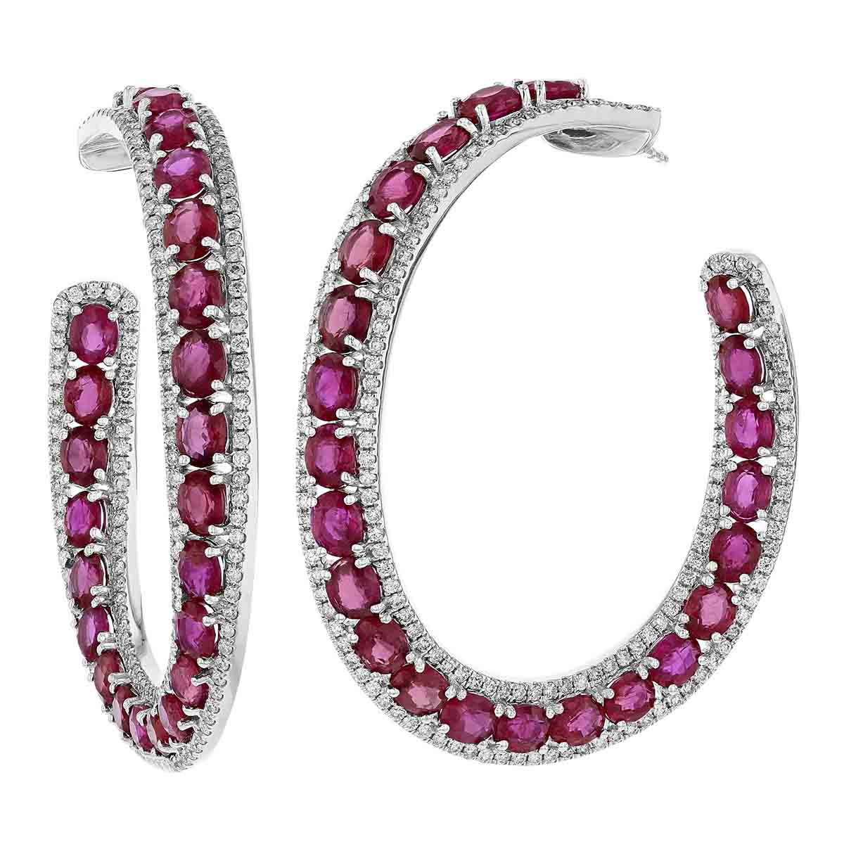 Ruby & Diamond 3 Row Twisted Inside Out Hoop Earrings in White Gold ...