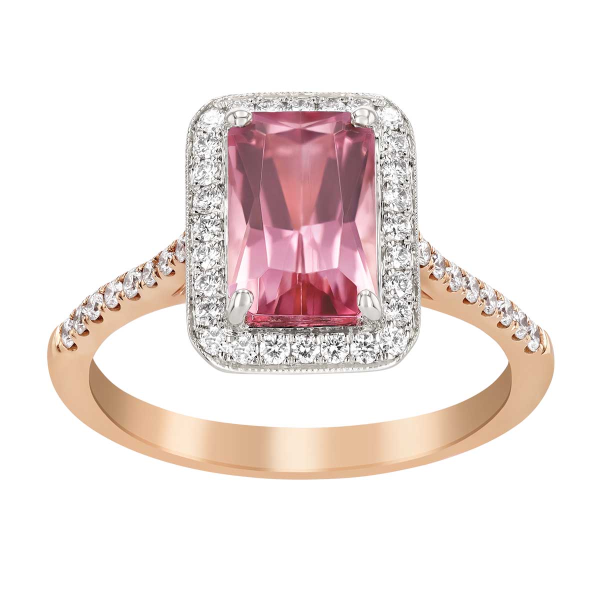 Emerald Cut Pink Tourmaline & Diamond Halo Ring in Rose Gold | Borsheims