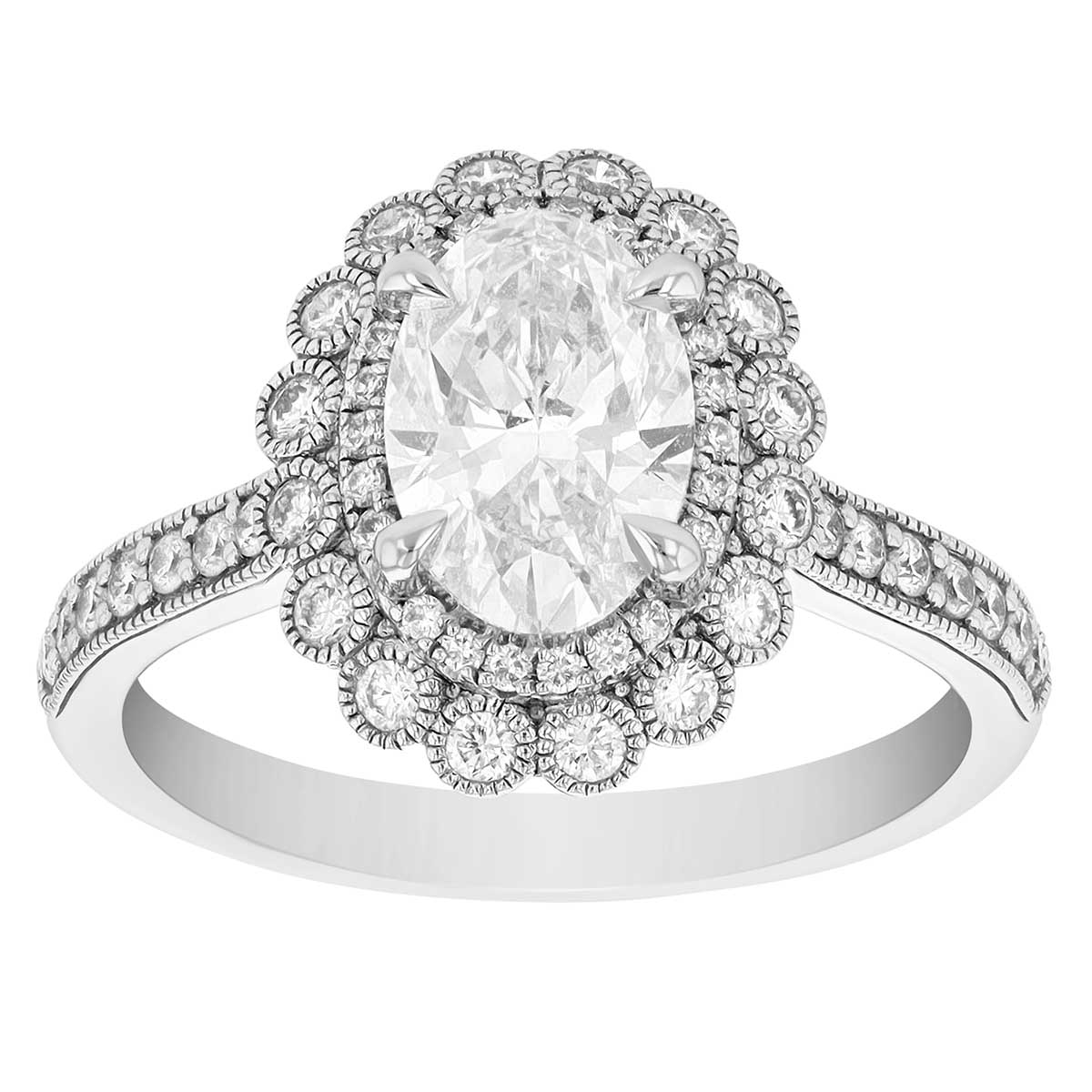 Lab-Grown Oval Diamond & Scalloped Halo Engagement Ring in White Gold | Borsheims