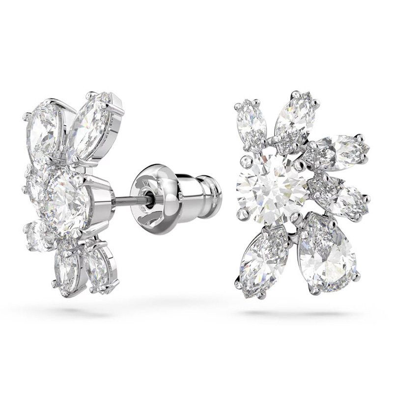 Swarvoski Gema Mixed Cuts Flower Stud Earrings, White and Rhodium ...