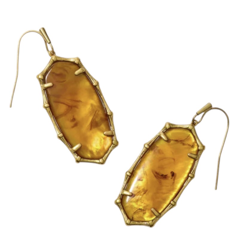 Kendra Scott Elle Yellow Gold Tone Bamboo Frame Drop Earrings in Marbled Amber Illusion ...