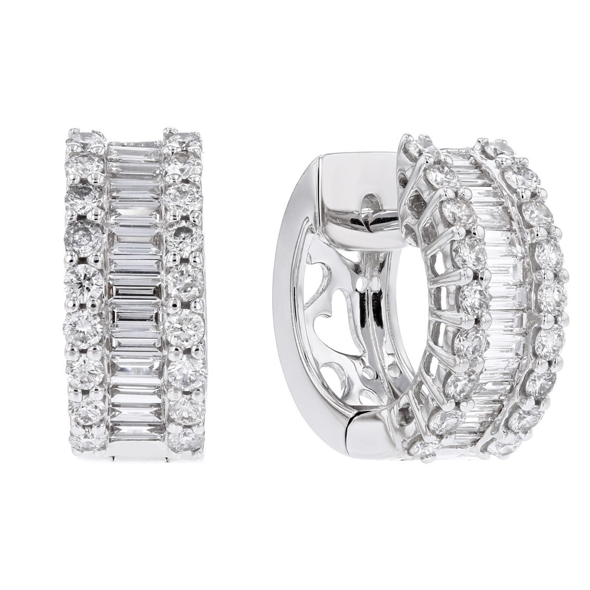 18k White Gold Baguette And Diamond 3 Row Huggie Hoop Earrings Borsheims